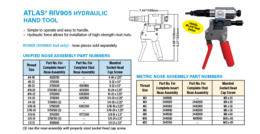 RIV905 - ATLAS® RIV905 Hydraulic Hand Tool - PEM® Fastening Products